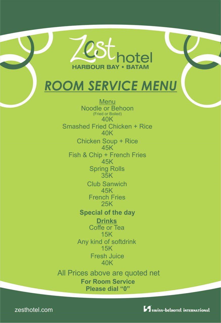 Hotel Room Service Menu